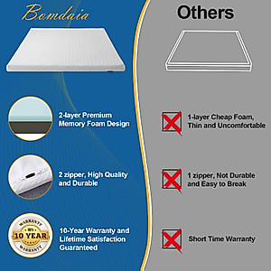 Bomdaia 3 Inch Gel Memory Foam Mattress Topper Full Size High Density Cooling Mattress Pad Pressure Relief Bed Topper for Back Pain, Bamboo Charcoal Foam Topper with Removable & Washable Cover