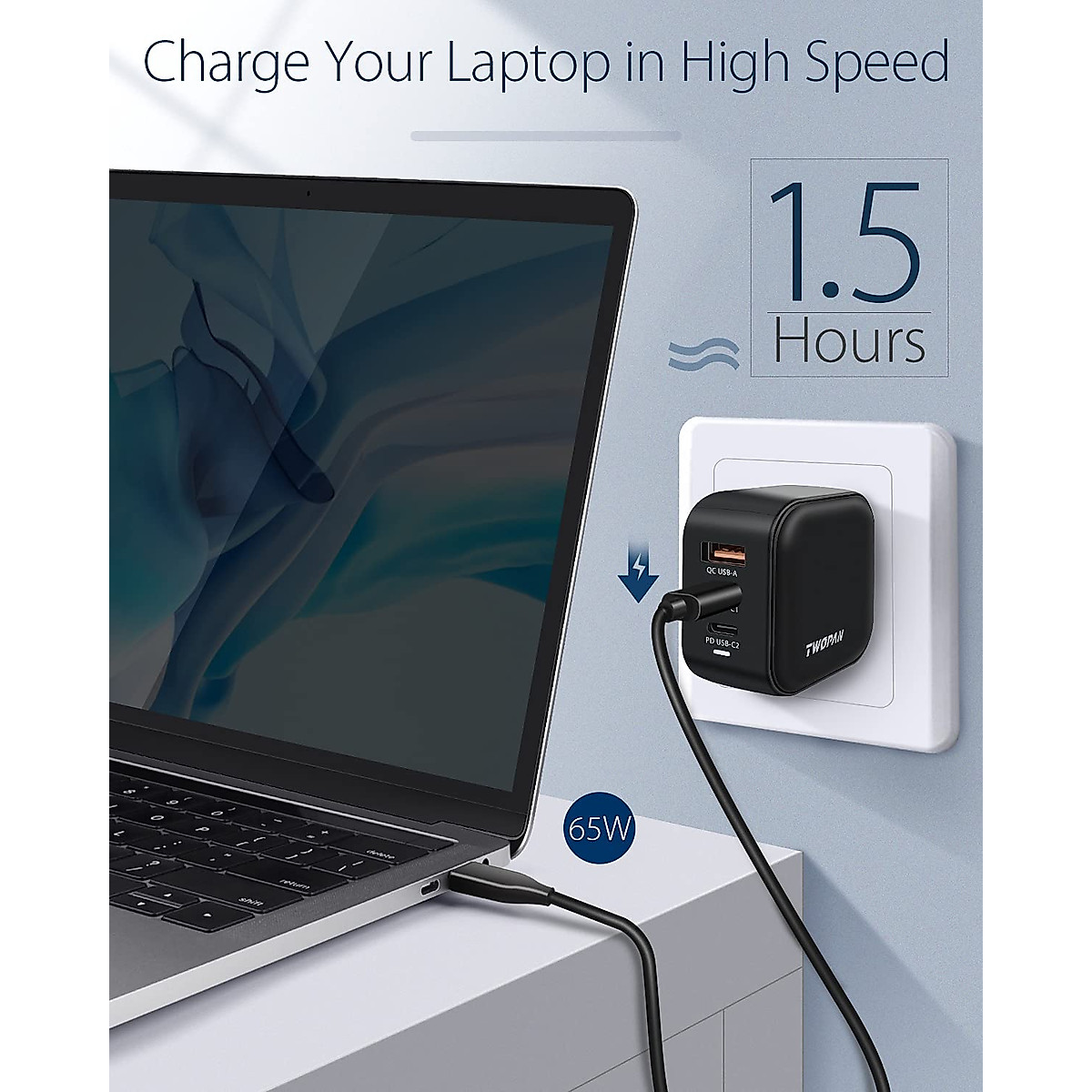 TWOPAN 65W USB C Charger Block, 3-Port Foldable GaN Fast Charger for iPhone 16/15/14, Vision Pro, MacBook, iPad, XPS, Switch, Steam Deck, Galaxy S24/25, Pixel