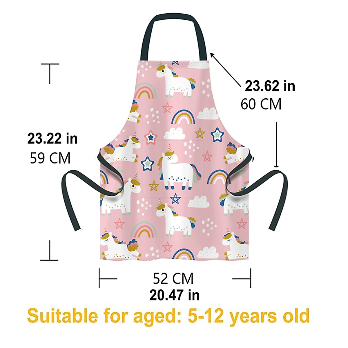 fangyunri Kids Apron with Pocket for Girls Unicorn Rainbow 6-12 Pink Child Art Smock Kitchen Bib Waterproof Toddler Chef Apron Adjustable Neck Strap for Cooking Painting Baking Crafting Art Gardening