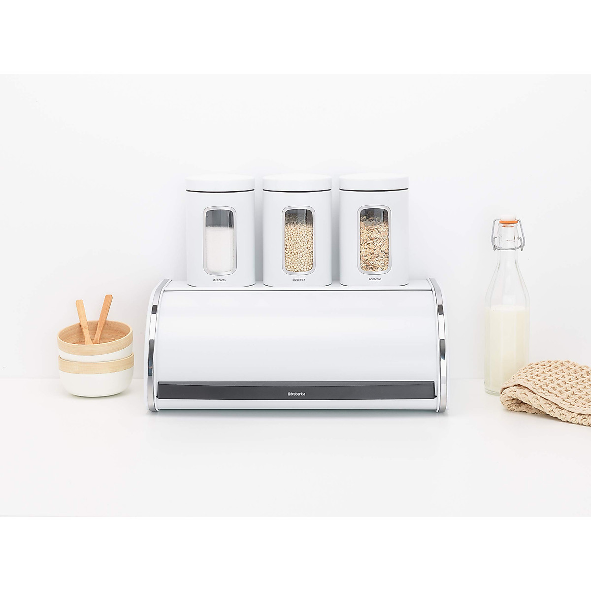 Brabantia Roll Top Bread Box (Fresh White) Large Front Opening Flat Top Bread Box, Fits 2 Loaves, Ideal for Kitchen Counter