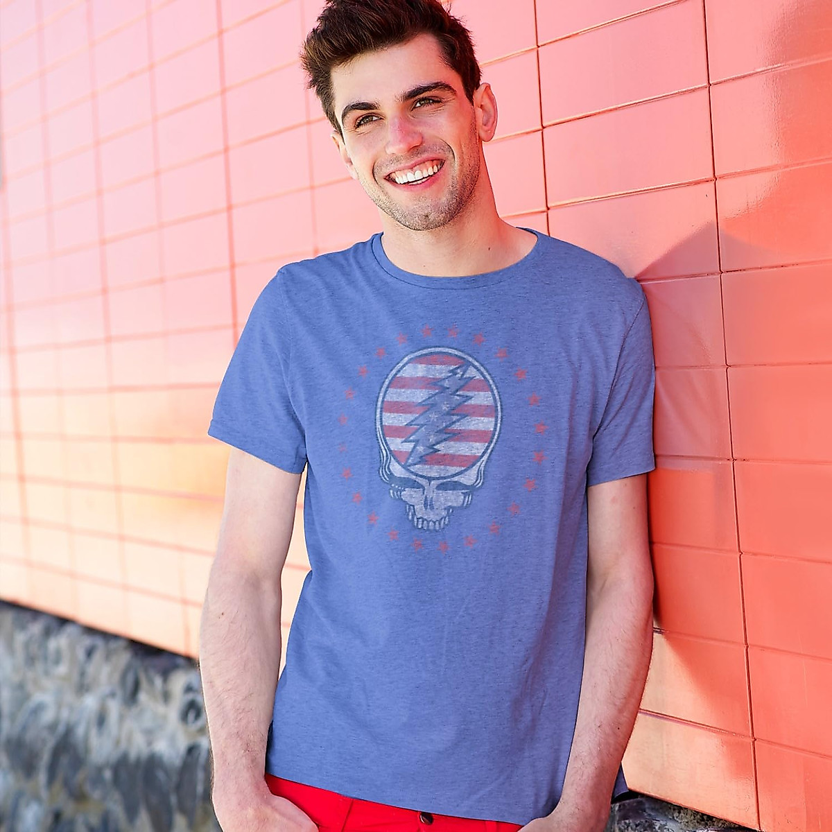 Ripple Junction Grateful Dead Men's Short Sleeve T-Shirt Patriotic Steal Your Face 4th of July Stealie Heather Royal 2XL