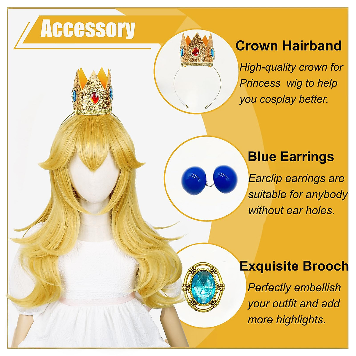 Aicos Golden Wavy Wig with Earrings and Crown, Blonde Long Curly Princess Cosplay Wig for Kids Halloween Costume
