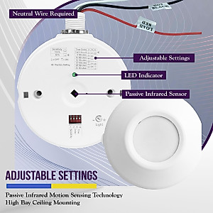 ENERLITES High Bay Ceiling Motion Sensor, Passive Infrared PIR Ceiling Sensor, 360° Field of View, 2800 Sq Ft Coverage, 120-277VAC, Neutral Wire Required, Commercial/Industrial Grade, MPC-50H, White