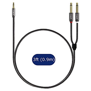 J&D 3.5mm 1/8 inch TRS Male to Dual 6.35mm 1/4 inch TS Male Mono Stereo Y-Cable Splitter for Amplifiers/Mixer Audio Recorder, Zinc Alloy Housing, Nylon Braid, Gold Plated Copper Shell, 3 Feet