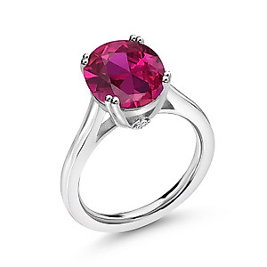 Gem Stone King 925 Sterling Silver Red Created Ruby and White Diamond Solitaire Engagement Ring For Women (4.03 Cttw, Oval 11X9MM, Available in size 5, 6, 7, 8, 9)