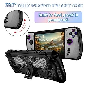 PAKESI Protection Case for ASUS ROG Ally - Rugged TPU with Built-in Stand for Game Handheld Console - Anti-Drop Shockproof Shell with 2 Pack Screen Protector (Black)