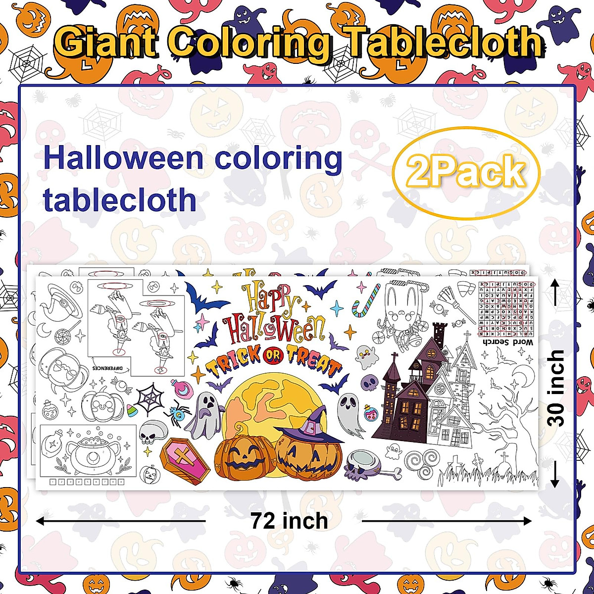 Avezano 2 pcs Halloween Coloring Tablecloth Large Happy Halloween Coloring Tablecloth for Kids Jumbo Happy Halloween Paper Coloring Banner Halloween Party Decorations 72x30 inch