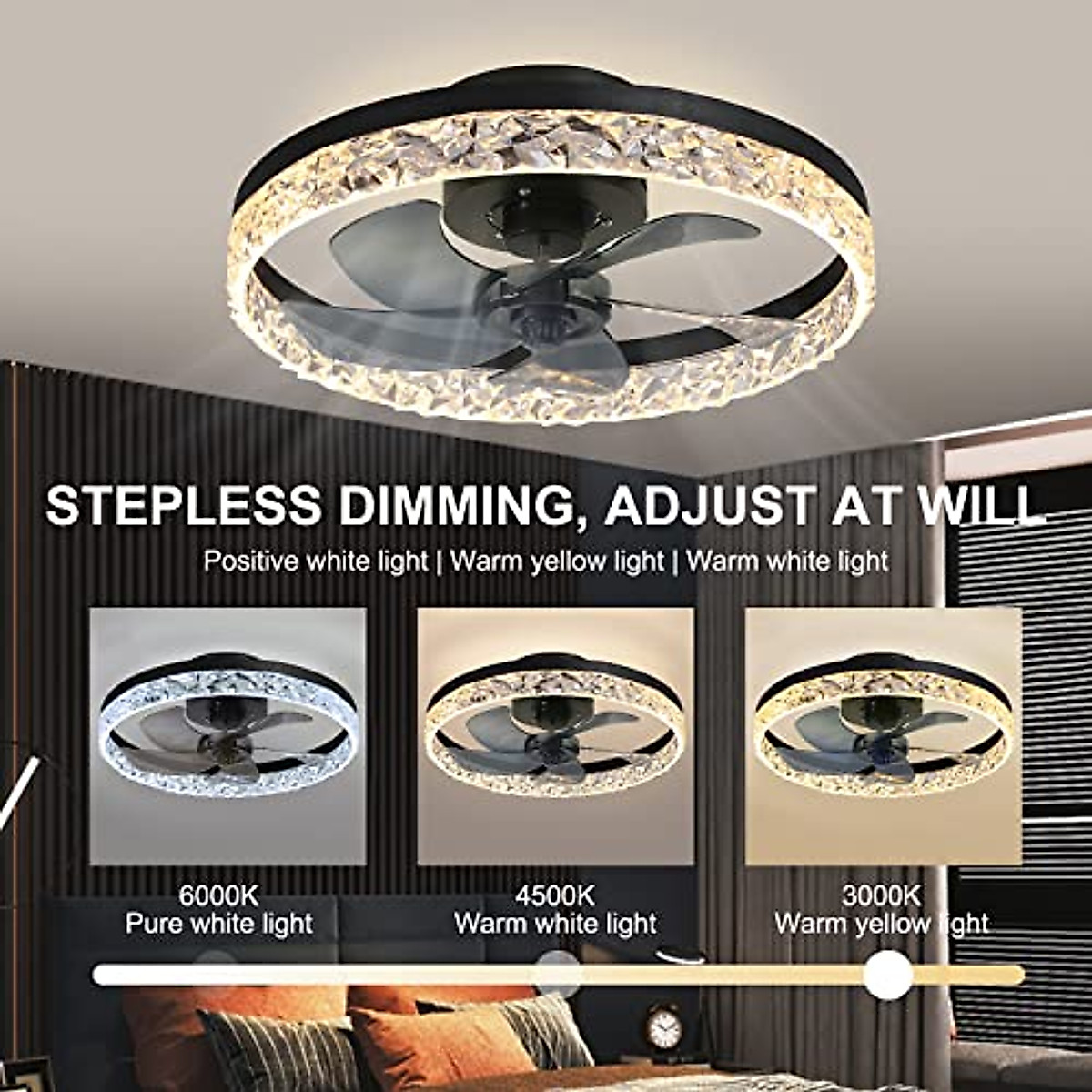 KINDLOV Modern Indoor Flush Mount Ceiling Fan with Lights,Dimmable Low Profile Ceiling Fans with Remote Control,Smart 3 Light Color Change and 6 Speeds for Bedroom Living Room Kitchen, Black