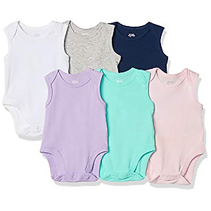 Amazon Essentials Baby Girls' Sleeveless Bodysuits, Pack of 6, Pink/Purple/Aqua Blue, 12 Months