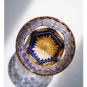 JEMQ Edo Kiriko Color Hand Cut Crystal Glass Tumbler Whisky Gass 9 Oz Glassware with Luxury Gift Box, Suitable for Cocktail Whisky Drink Red Wine Vodka (Blue)