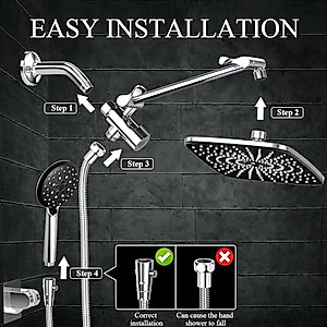 Veken 12 Inch High Pressure Rain Shower Head Combo with Extension Arm- Wide Rainfall Showerhead with 6 Handheld Water Spray - Adjustable Dual Showerhead with Anti-Clog Nozzles - Silver Chrome