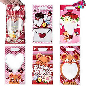 JOYIN 48 Pcs Valentine’s Day Gift Bag Plastic Treat Bags, Cellophane Candy Bags in 6 Designs with Heart Shaped Window for Kids Valentine Party Favor Supplies, Classroom Gift Exchange Goodie Bags