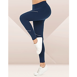 MANCYFIT Thermal Pants Women Fleece Lined Leggings Womens Thermal Underwear Bottoms Contrast Color Stitching Winter Leggings Navy and White Lines X-Small