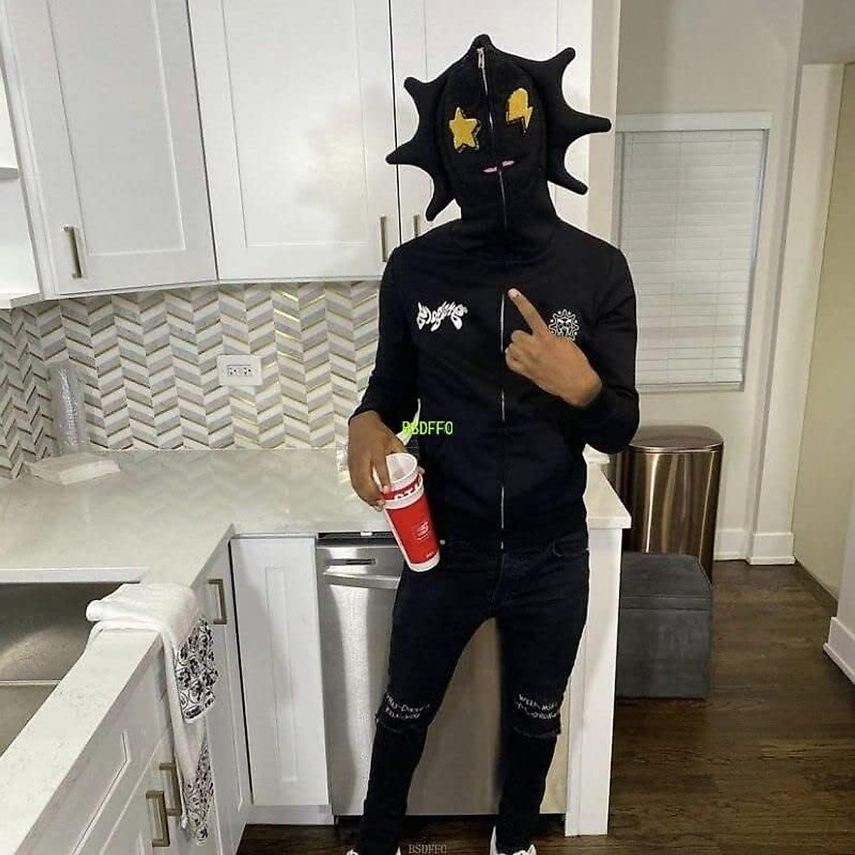 Sunwittafy Y2k Hoodie Men Women Black Rhinestone Full Zip Up Hoodie Over Face Oversized Sweatshirt Trendy Streetwear