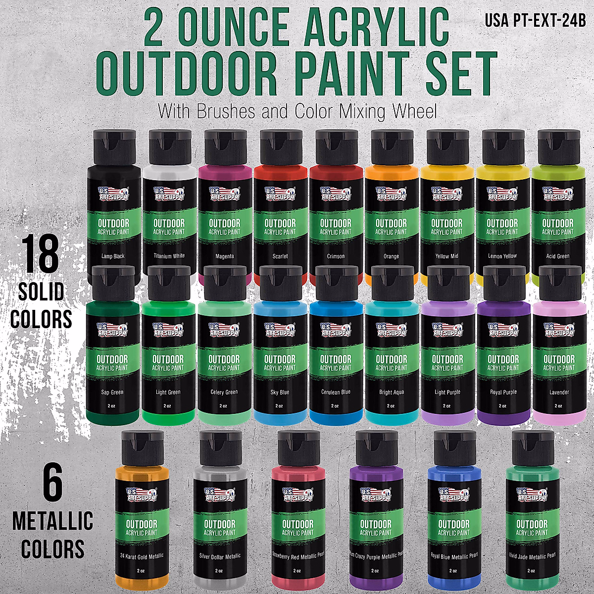 U.S. Art Supply Professional 24 Color Set of Outdoor Acrylic Paint in 2 Ounce Bottles, Plus a 7-Piece Brush Kit - Vivid Colors for Artists, Students - Use on Canvas, Rocks, Kids' Wood Crafts, and Toys