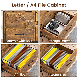 SEDETA 35.4” File Cabinet, Filing Cabinet fits Letter/A4 Size, 2 Drawe File Cabinets for Home Office with Power Strip, LED Lights, Lock, Open Shelf, Rustic Brown