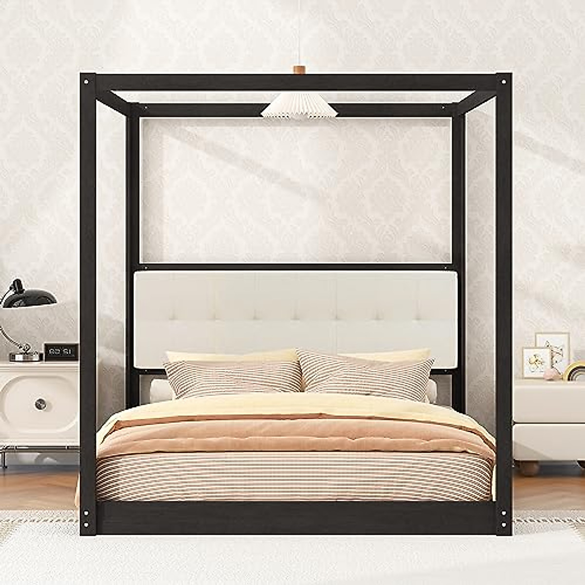 DOLPRNE Modern King Size Wooden Canopy Platform Bed with Upholstered Headboard,Multiple Choice for Kids Teen Adults Bedroom,Box Spring Not Required,Espresso