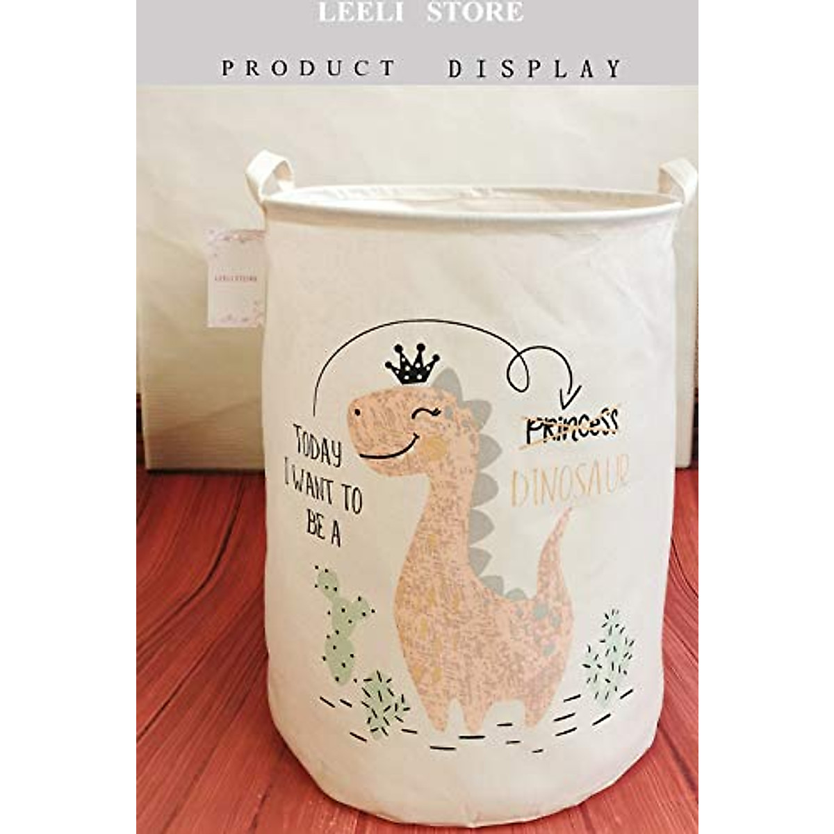 LEELI Laundry Hamper with Handles Collapsible Canvas Laundry Basket,Waterproof Storage Basket Home Organizer for Nursery,Clothes,Toys,Baby Hamper19.7×15.7(pink dinosaur)