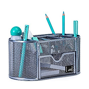 Mindspace Office Desk Organizer with 8 Compartments + Drawer | Desk Caddy Pen Holder For Office Accessories | The Mesh Collection, Silver
