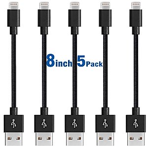 Short USB to Lightning Cable, 5Pack 8 inch Phone Charger Cable Fast Charging Braided Cord High Speed Connector Compatible with iPhone 14 13 12Pro Max/12Pro/12/11 Pro/11/XS MAX/XR/8/7/6s/6(Black)