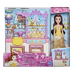 Disney Princess Belle's Royal Kitchen, Fashion Doll and Playset with 13 Accessories, Mrs. Potts, and Chip, Toy for Girls 3 Years and Up