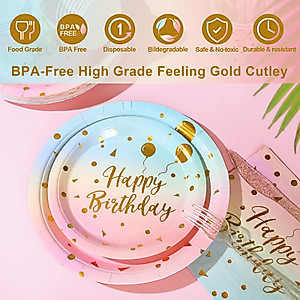 Boocikey 200 Pcs Pastel Party Supplies Birthday Party Plates and Napkins Sets,Disposable Pastel Birthday Plates - Rainbow Paper Plates Napkins Cups for Birthday Baby Shower Party Decorations