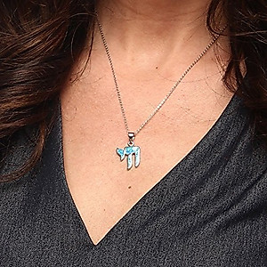 Beaux Bijoux Sterling Silver Created Blue Opal Hebrew Chai (Life) Pendant with 18" Chain