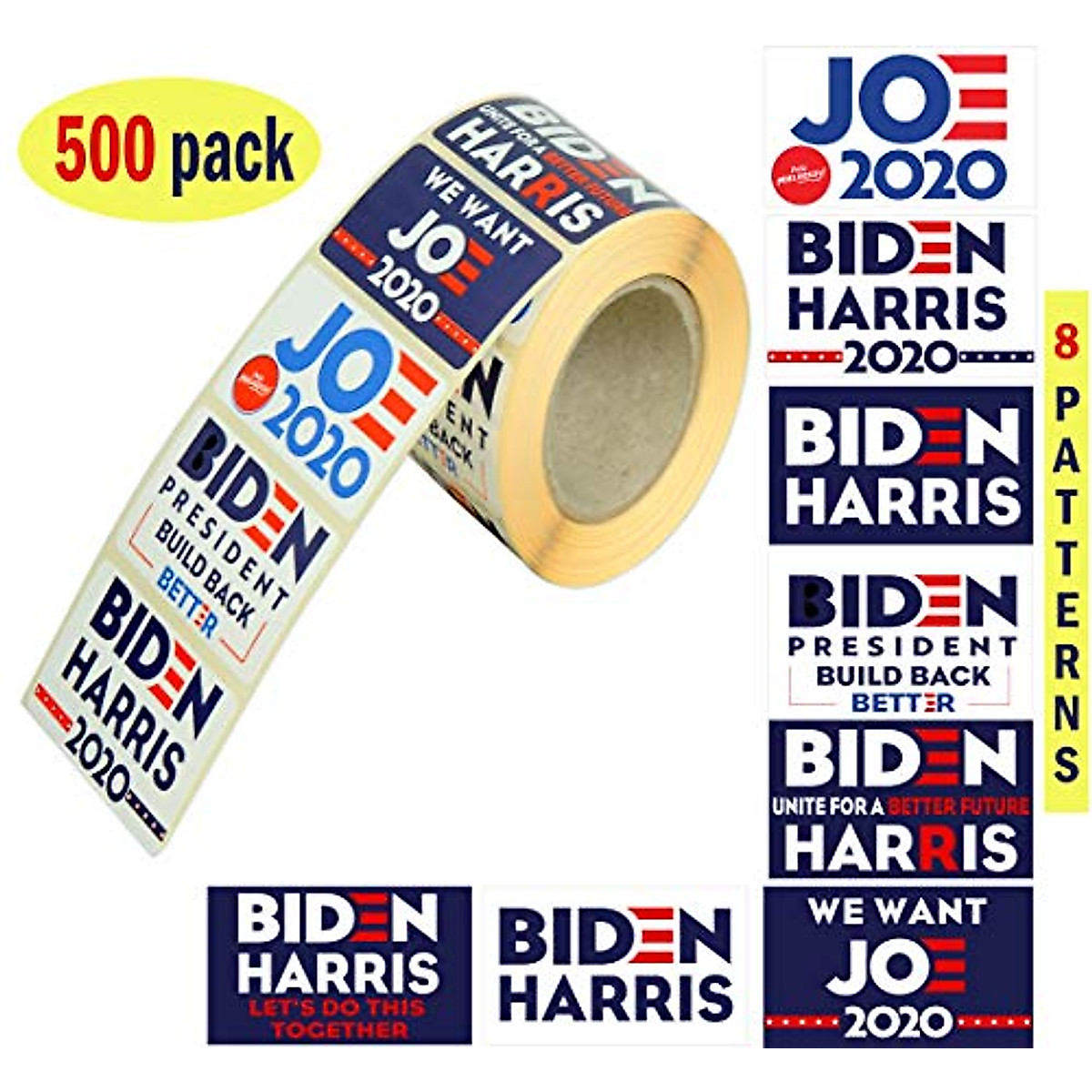 Biden Harris 2020 500 Pcs Role Stickers - 8 Patterns Biden Harris Sticker - Joe Biden Sticker -Kamala Harris Sticker for car Stickers, Bumper Stickers, Bags, Windows- No Malarkey