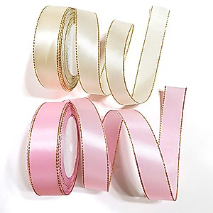 Pink & Ivory Satin Ribbon with Gold Edges, for Gift Wrapping Holiday Wedding Birthday Graduation Party Christmas Decoration,1“ Wide 25 Yard X 2 Rolls , Crafts Floral DIY Bags Bows White Ribbon