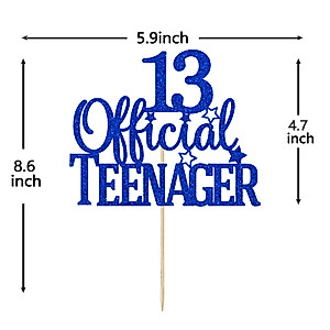 Blue Glitter 13 Official Teenager Cake Topper, Cheers to 13 Years Decor, 13th Birthday Party Decorations