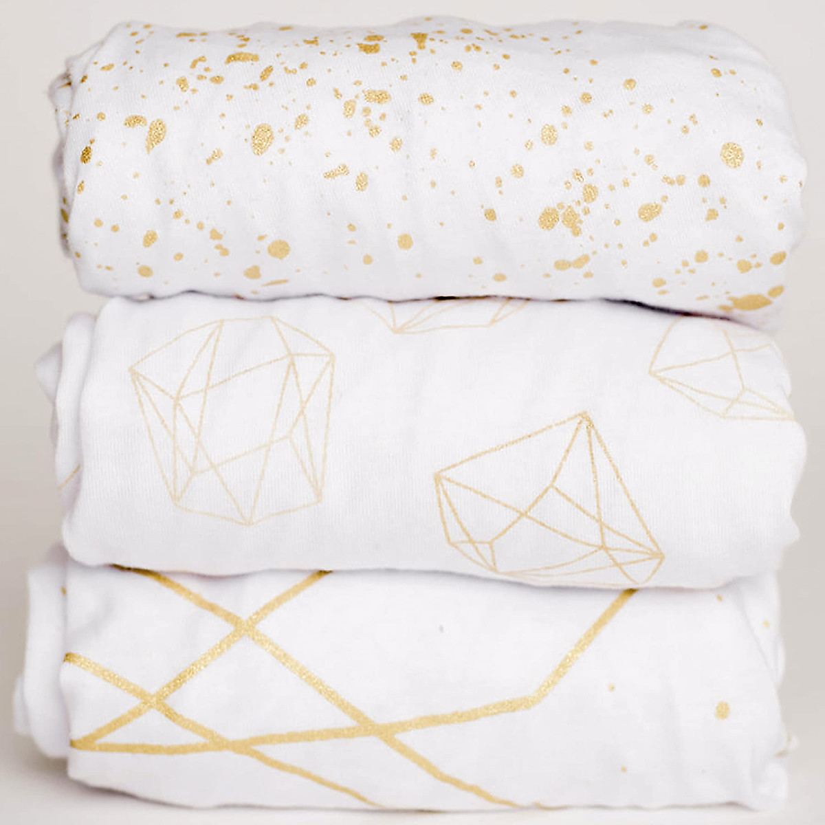 NODNAL CO. 3 Fitted Gold Bassinet Sheets Set for Baby Girl - 100% Oeko-TEX Cotton - Shimmery Glitter Geometric Shapes, Dots and Lines - Cradle/Moses Basket Hourglass, Oval & Rectangle Mattress Sheet