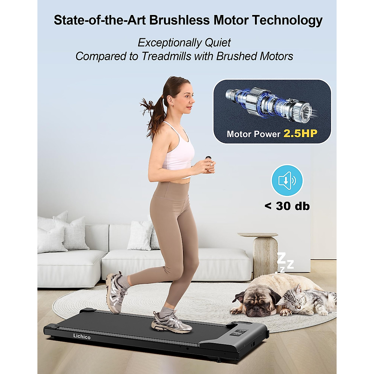 Lichico Walking Pad Under Desk Treadmill, Portable Small Treadmills for Home and Office, 2.5HP Super Quiet Brushless Motorized Walking Jogging Running Machine with Remote Control