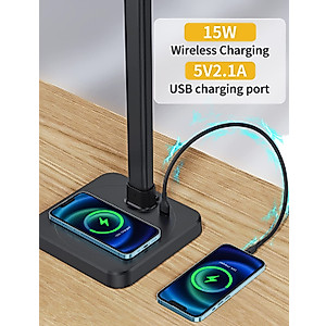 AKRRYR LED Desk Lamp for Home Office, Double Head 24W with USB Charging Port & Wireless Charger, Architect Light 5 Lighting Brightness Flexible Gooseneck Table Reading Study, Black