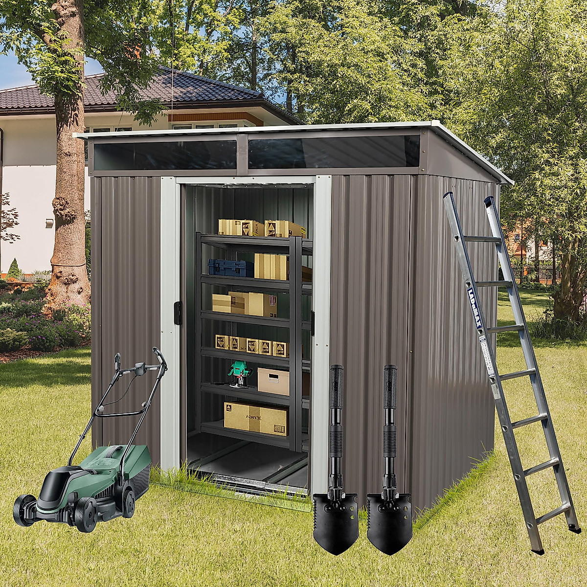 Outdoor Metal shed for Tools, Garden and Bikes, Outdoor Metal shed - Convenient Outdoor Storage Solution, Bikes, Electric Bikes (6ft x 5ft Grey-2)