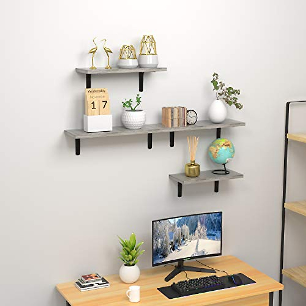 LHZLANG Floating Shelves Home Living Room Bathroom Kitchen Decor Rustic Wall Mounted Storage Shelf Rack Set of 3 (Grey)