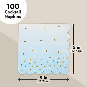 100 Pack Cocktail Napkins for Girl Baby Shower, Wedding, Birthday Party (5 x 5 in, Ombre Blue)