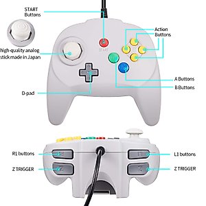 KIWITATA 2 Pack N64 Controller, Classic Mini N64 Wired USB 64-bit Upgraded Joystick Game Pad Joypad Controller for Windows PC/Mac Black & Gray
