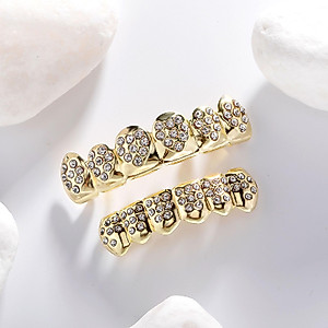 JINAO Gold Grillz 14K Gold Plated Iced Out Mouth Teeth Grillz Top Bottom Tooth Caps Hip Hop Bling Gold shiny Grills for Your Teeth for Men Women Costume Jewelry (Love Heart)