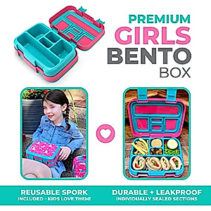 Unicorn Bento Lunch Box for Girls Toddlers, 5 Portion Control Sections, BPA Free Removable Plastic Tray, Pre-School Kid Toddler Girl Daycare Lunches, Snack Container Ages 3 to 7 Pink
