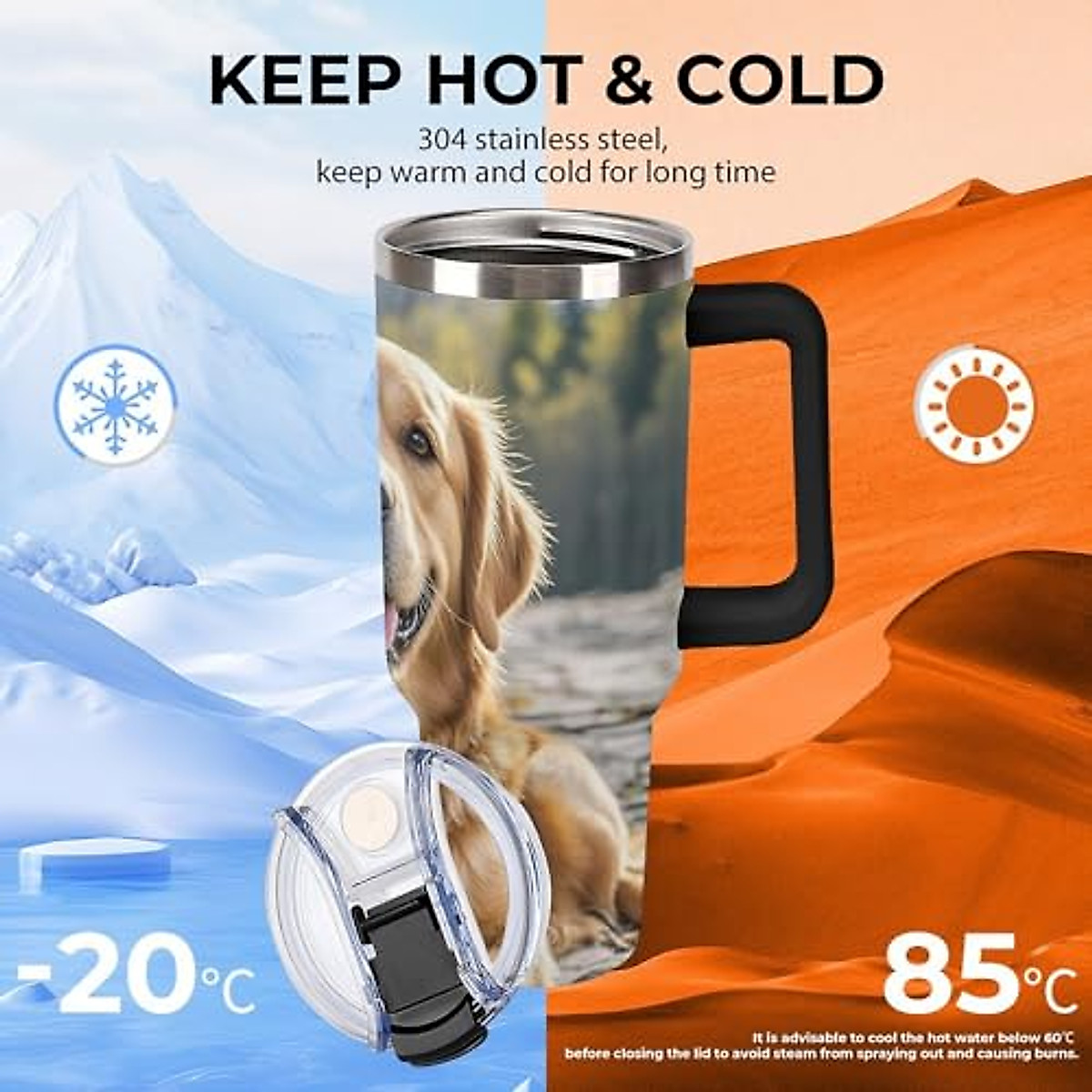 LLUTSNTH 40 Oz Vacuum Tumbler with Black Handle Leakproof Insulated Tumbler Golden Retriever Dog Stainless Steel Travel Mug with Lid And Straw Coffee Cup Cute Water Bottles Cup Holder Friendly