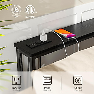 ELYKEN 5.9" Narrow Console Sofa Table with Power Outlets, 5.9" Dx63 Wx31.5 H Long Skinny Behind Couch Table with “X” Cross Metal Frame and Charge Station with 6.5’ Extension Cord, Black