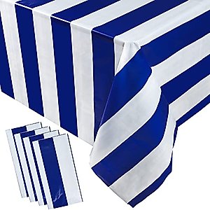 peony man 4 Pieces Blue and White Striped Tablecloth Nautical Blue Plastic Table Cover Waterproof Disposable Rectangle Tablecloth for Party Kitchen Dining Table Decor