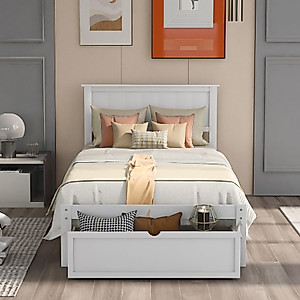 Twin Size Country Wooden Platform Bed Frames with Large Storage Drawers/Headboard, Modern Simple Platform Bed with Solid Wood Slat for Bedroom Small Living Space Boys Girls, Under Bed Storage, White