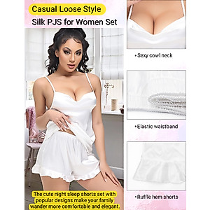 Kwunbwa Women's Silk Satin Pajama Set Cowl Neck Cami Top and Shorts Sexy Lounge Sleepwear, White, XX-Large