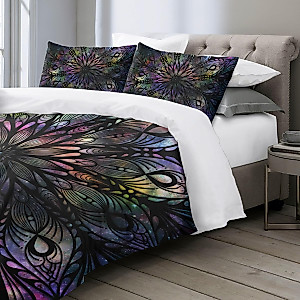 Sleepwish 3pcs Ancient Geometric Boho Duvet Cover Set Black Purple Mandala Bedding Set Bohemian Comforter Cover Soft Microfiber (King)
