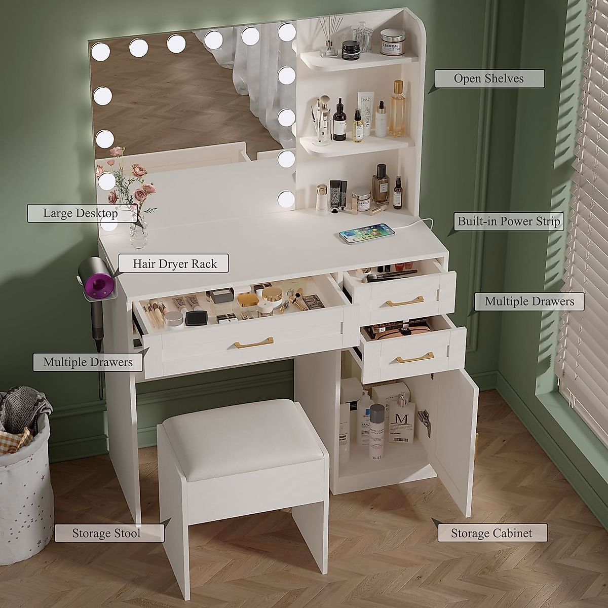HUAHUU Vanity Desk with Lights, 37inch Makeup Vanity Desk with Mirror & Power Outlet, 3 Colors Lighting Adjustable Brightness, Makeup Vanity Set with Cushioned Chair and Cabinet, 3 Drawers, White