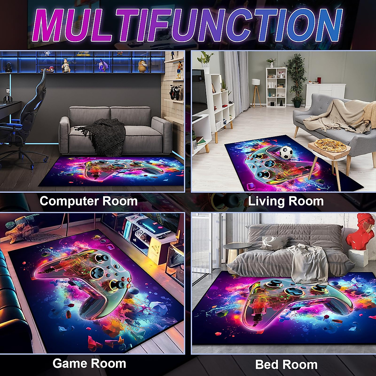 Gaming Area Rug Teen Boys Carpet, 3D Transparent Gamepad and Colorful Bomb Background Game Controller Design for Game Room, Gaming Room, Boys Girls Bedroom Playroom, Living Room (60" x 40")
