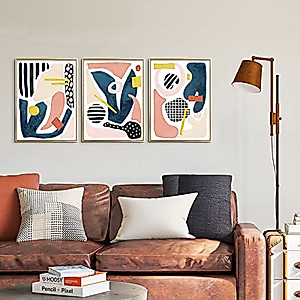 ArtbyHannah Gold Framed Wall Art, Abstract Canvas Wall Art with Geometric Prints, Navy and Pink Modern Wall Art for Bedroom Living Room, 12x16 Inch Set of 3