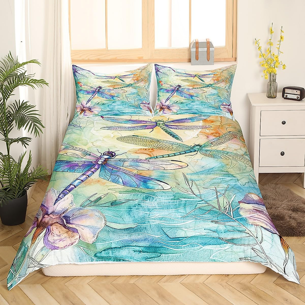 Feelyou Girls Dragonfly Bedding Set Floral Dragonfly Duvet Cover for Kids Boys Girls Ornamental Dragonfly Comforter Cover Botanical Bed Set 1 Duvet Cover with 2 Pillowcases Queen Size (No Comforter)