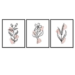 Boho Botanical Prints, Set of 3, Gallery Wall Art, Blush Pink Wild Flowers, Abstract Black Line, Floral Home Decor, Flower Print Set, Floral Line Art, 11x14inch Unframed
